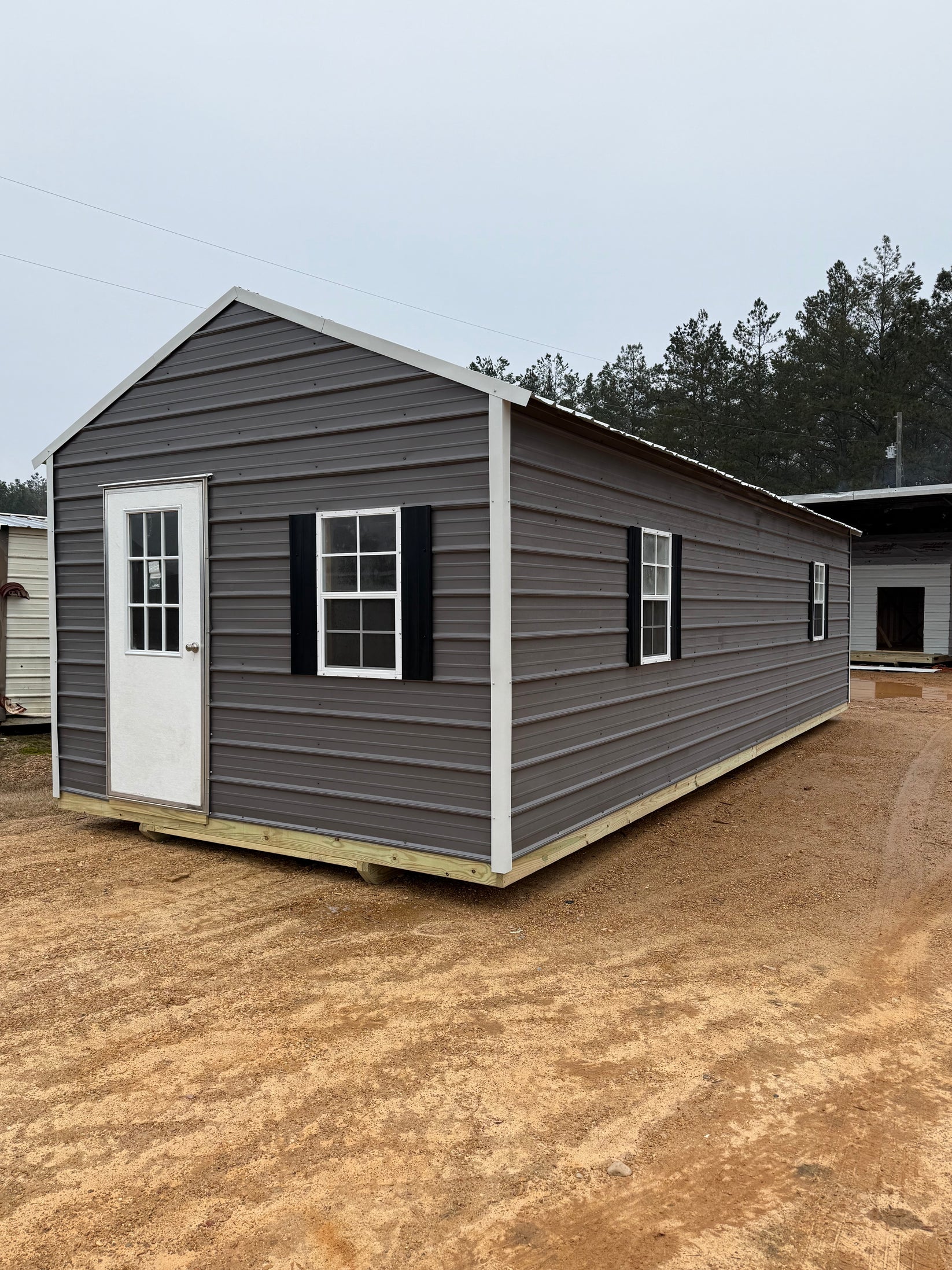 12x32 Peak Roof Charcoal Walls/Alamo White Roof/Black Shutters with Ho ...